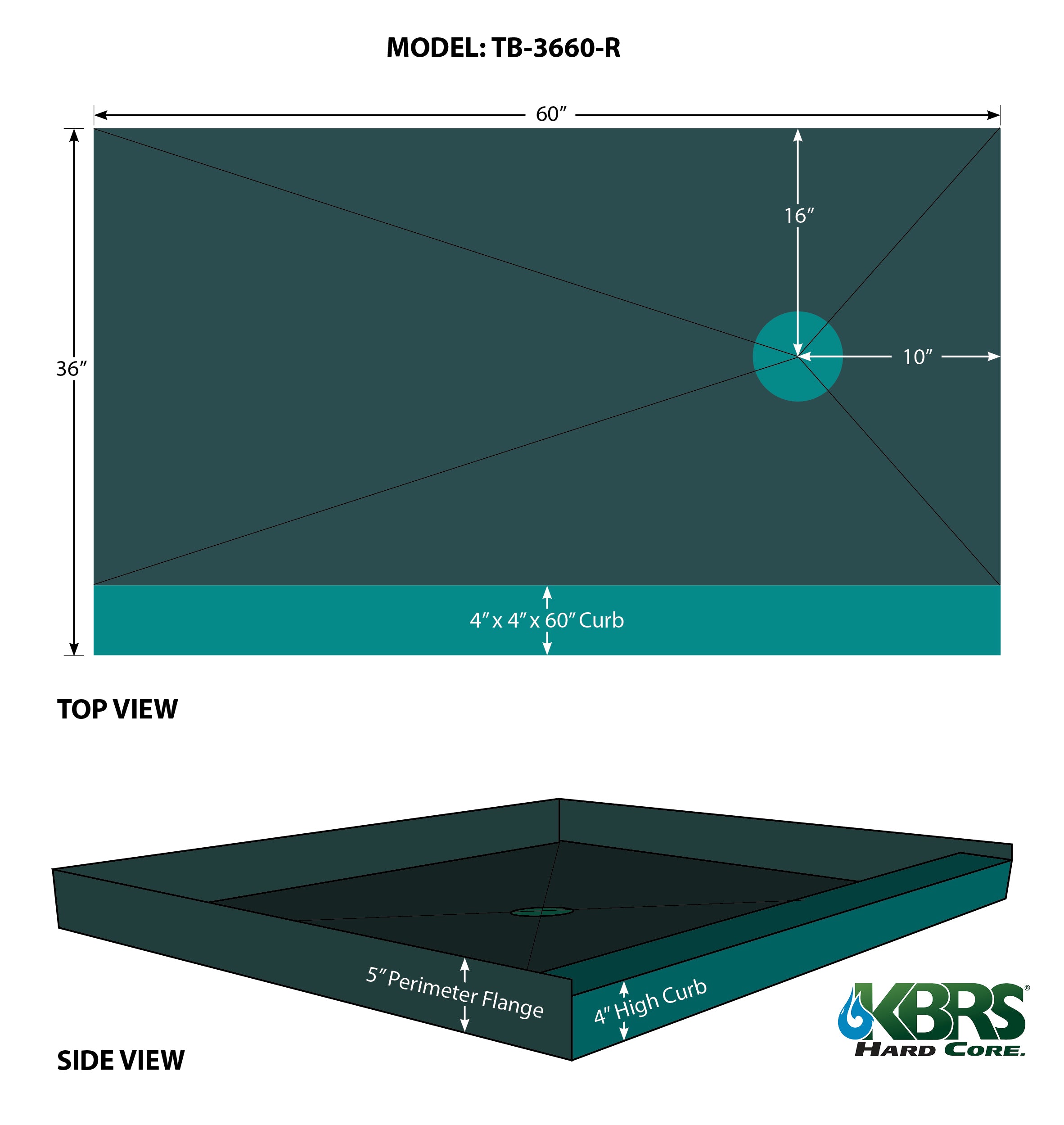 36" x 60" Tile-Basin (Right Drain) Shower Base for Tile | KBRS