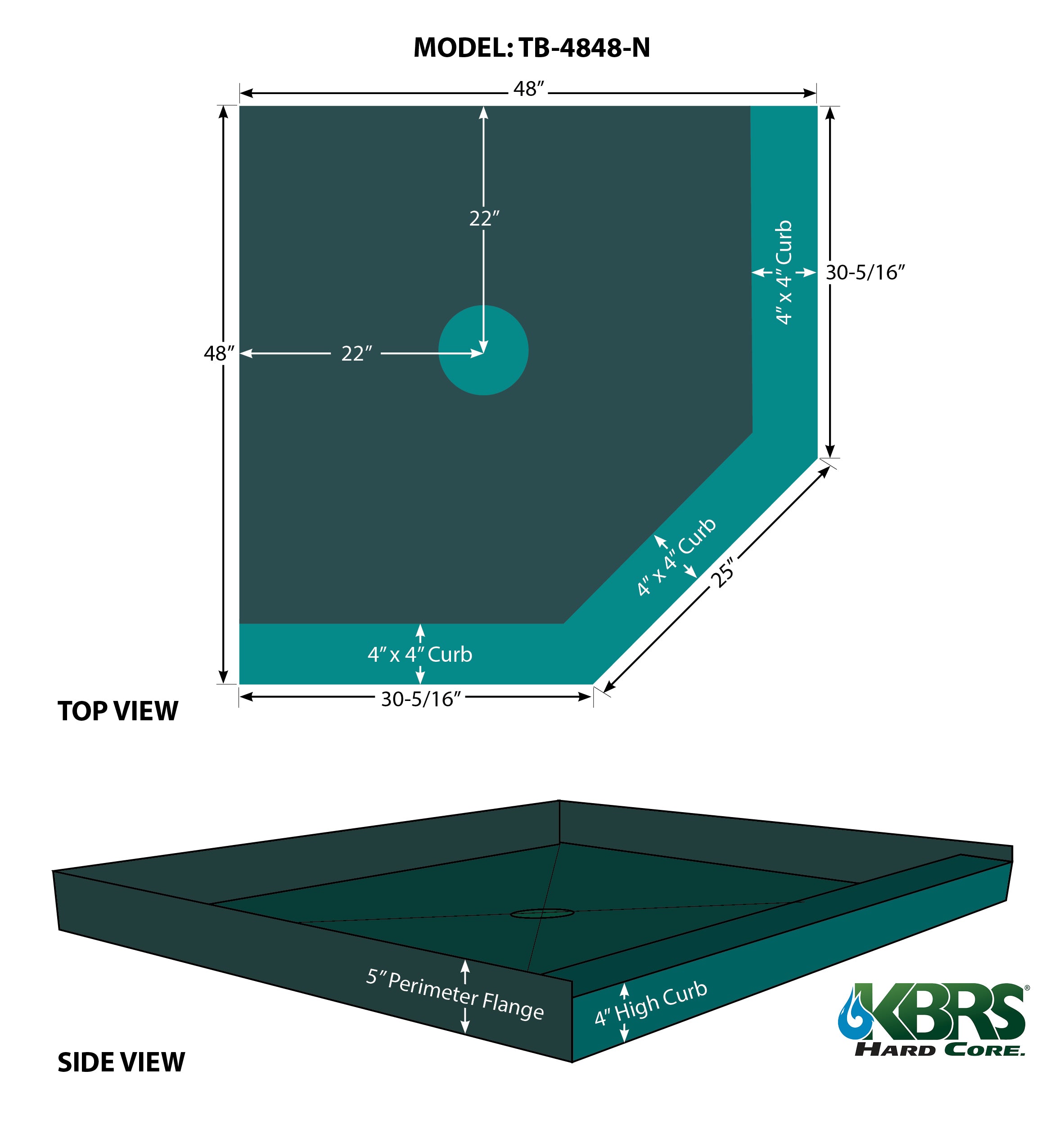 48" x 48" Tile-Basin (Neo-Angle Drain) Shower Base for Tile | KBRS